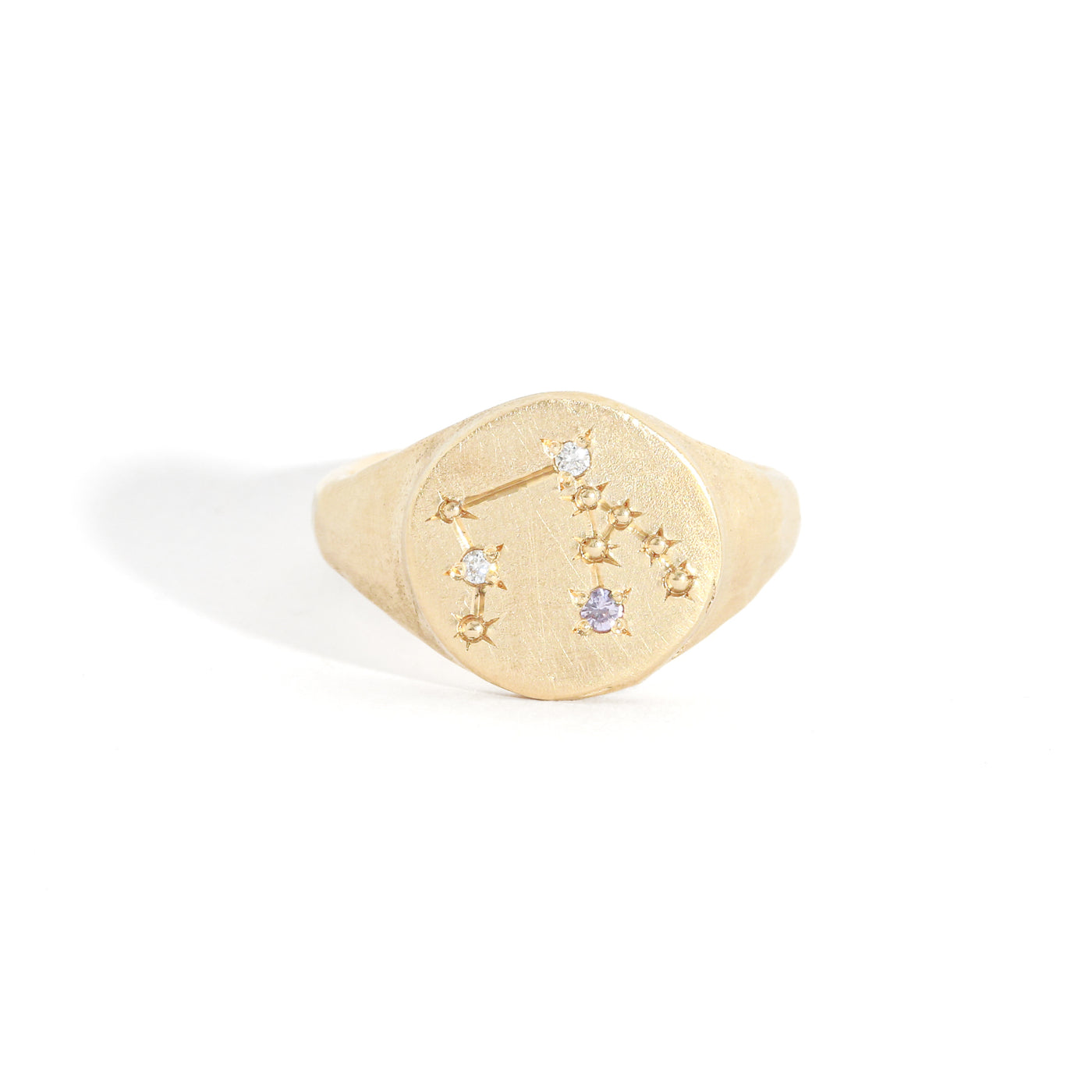 Aquarius Signet Ring in 9kt Yellow Gold | Aquarius Constellation Ring with Amethyst & White ...